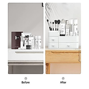 Makeup Organizer Storage with Drawers, Cosmetic Display Case for Brushes, Lotions, Perfumes, Eyeshadow, Nail Polish Ideal for Bathroom, Dresser, Countertop (White)