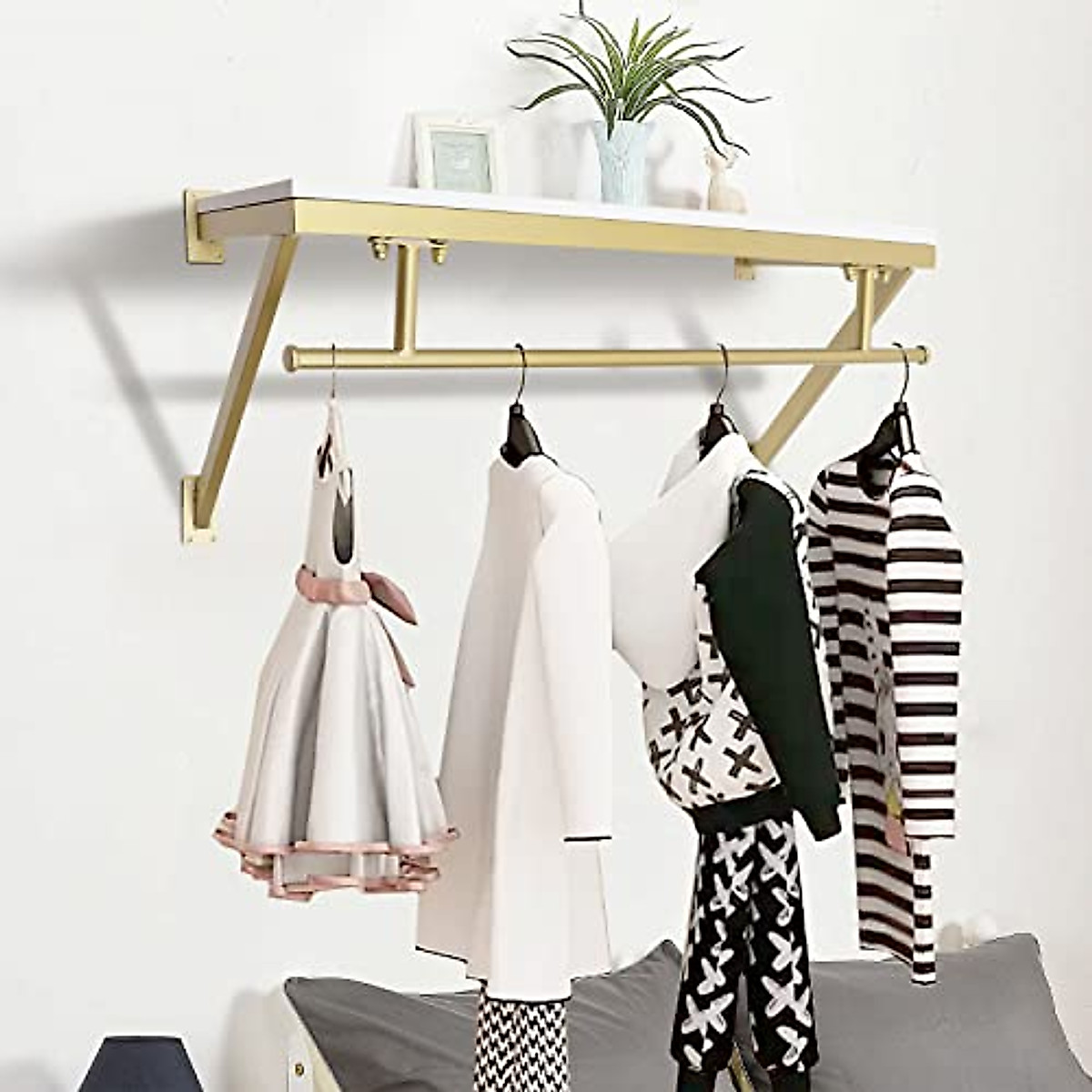 kunghei 31" Boutique Clothes Clothing Store Retail Wedding Dress Display Stand Wall-Mounted Garment Rack w/Wood Storage Shelf, Heavy Duty Clothing Racks for Hanging Clothes Metal Pipe Towel Rack