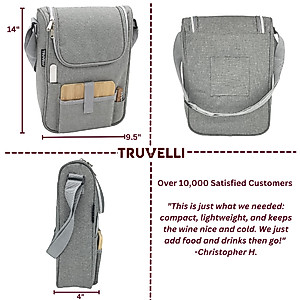 Truvelli Insulated Wine Tote Bag: Portable 2 Bottle Cheese Waterproof Black Canvas Carrier Picnic Kit - Stopper Attachment, Plus Wooden Charcuterie Board