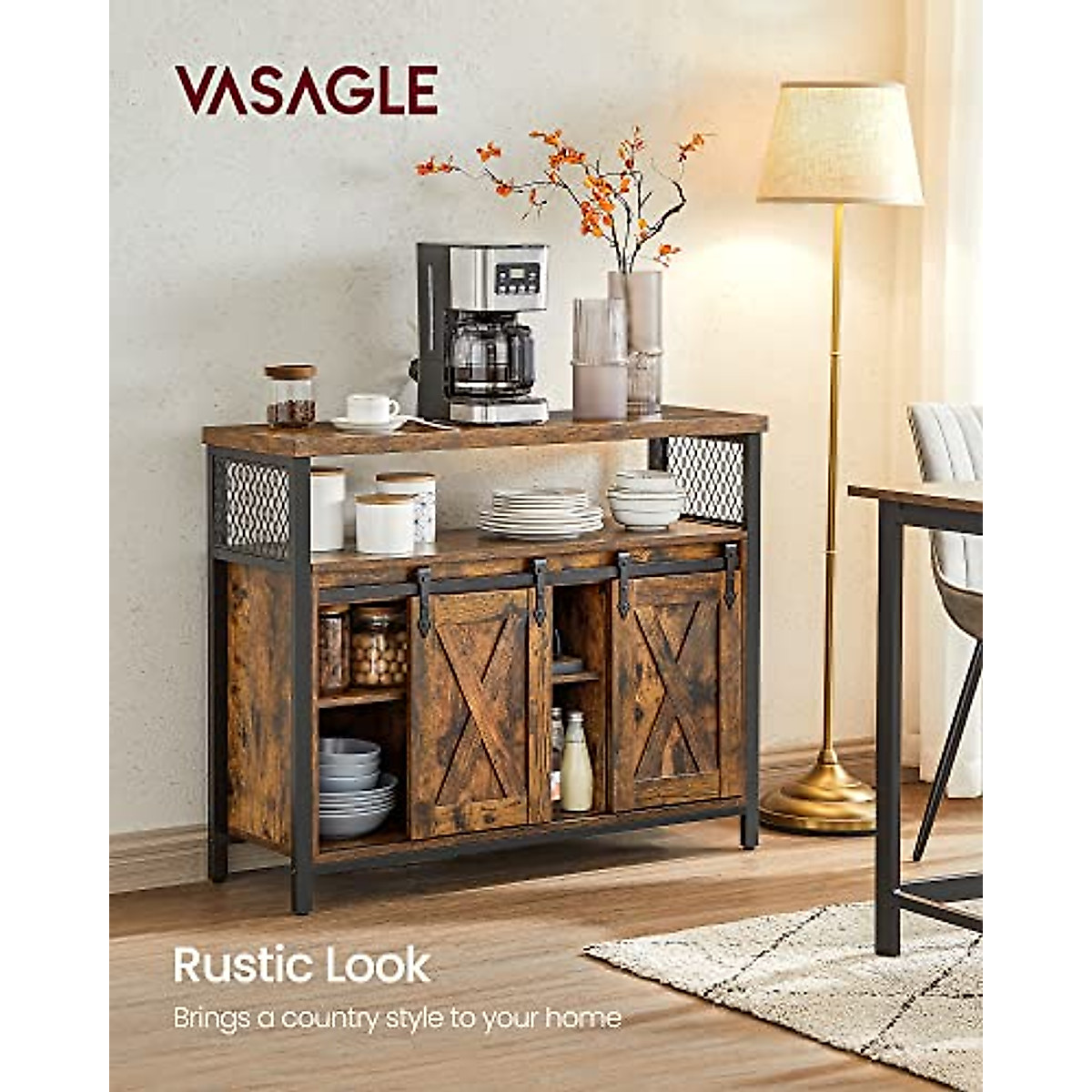 VASAGLE Buffet Sideboard Storage Cabinet with Adjustable Shelf and Sliding Barn Door, Open Compartment, 13 x 39.4 x 31.5 Inches, Rustic Brown and Black
