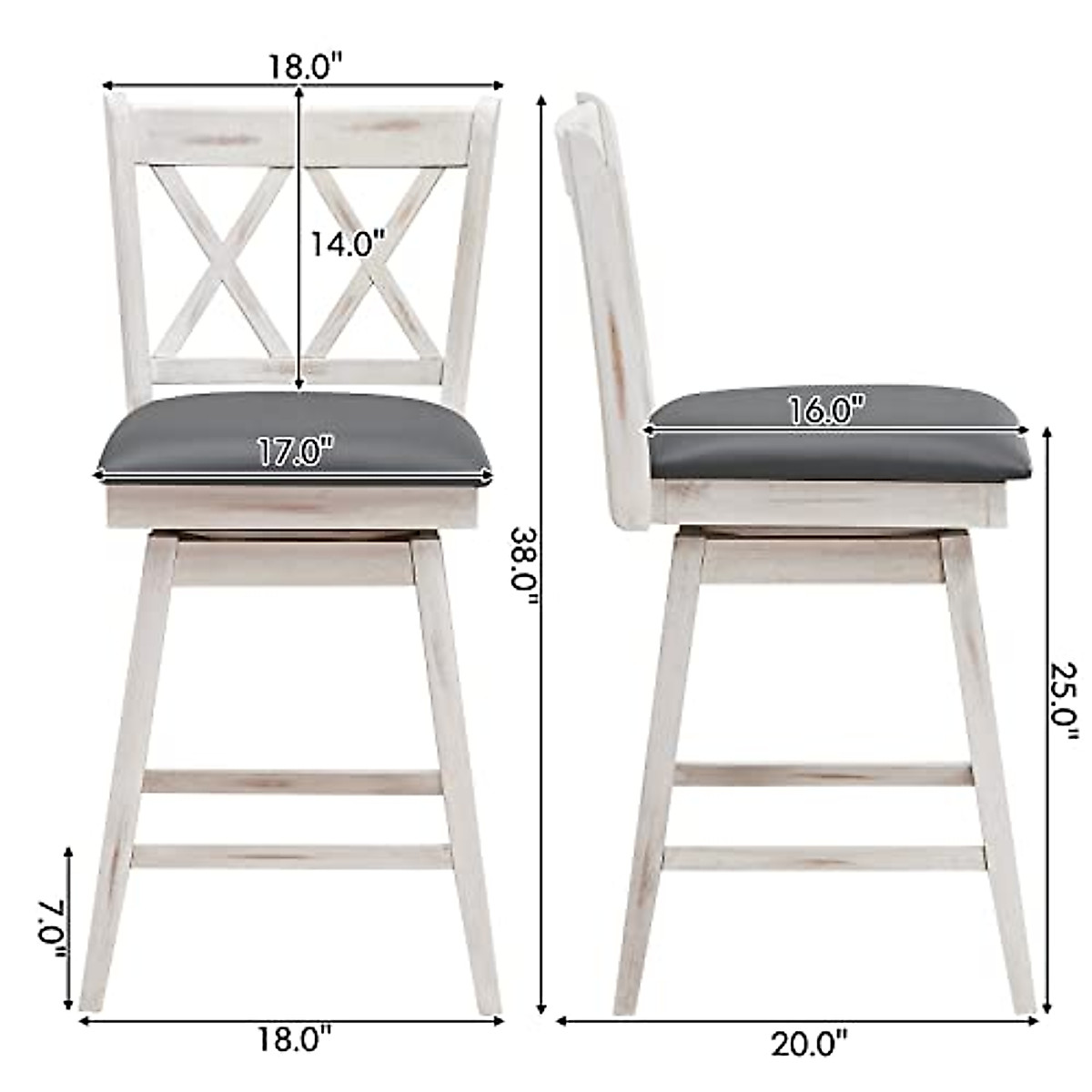 COSTWAY Bar Stool Set of 2, 360° Swivel Counter Height 25inch Bar Stool with Foot Rest Upholstered Cushion & Ergonomic Backrest, Sturdy Frame, for Pub, Restaurant, Home (2, Antique White + Grey)
