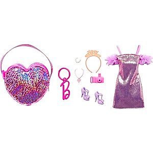 Barbie Clothes Set, Birthday-Themed with Dress, 5 Acessories & Zippered Doll-Sized Heart-Shaped Bag with Clip-On Ring