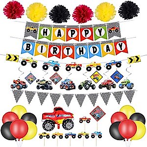 39 Piece Truck Birthday Party Supplies Happy Birthday Banner Truck Banner Triangle Bunting Flags Pom Poms Flowers Hanging Swirls Truck Shape Balloons Multicolor Balloons Cupcake Topper