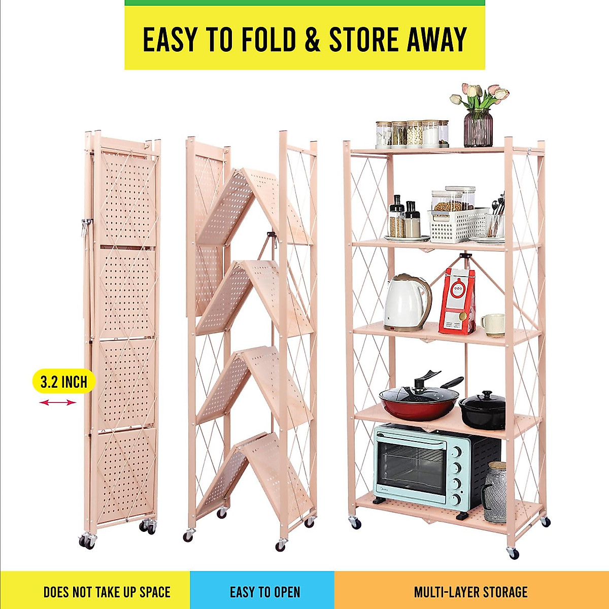 Letusto Foldable Collapsible Shelf with Wheels & Breaks - Folding Shelf Heavy Duty Metal Frame Pantry Shelving Unit - Origami Bookcase - No Assembly Bookshelf (Pink, 5 Tier)