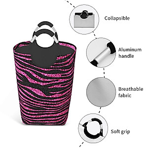 Large Laundry Hamper, Pink and Black Zebra Print Bling Faux Glitter Laundry Basket Collapsible & Waterproof Storage Basket for College Dorm, Family Essentials