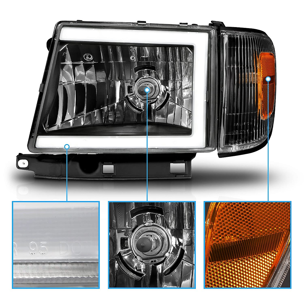 AmeriLite for 1998-2000 Toyota Tacoma 4WD Pickup LED Tube Black Reaplcement Headlights + Corner Light Set - Passenger and Driver Side
