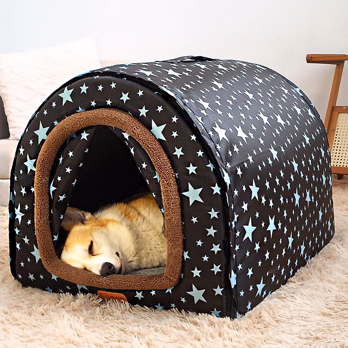 2 in 1 Extra Large Pet Winter House Convertible to Bed with Warm Cushion Mat, 2 Way Indoor Outdoor Portable Dog Kennel, Removable Washable Cover (XL Starry Sky)
