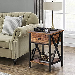 VECELO Modern Versatile Nightstands X-Design Side End Table Night Stand Storage Shelf with Bin Drawer for Living Room Bedroom, Brown+Black