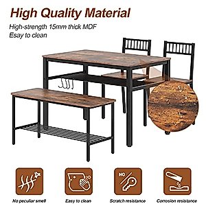 Bigbiglife Dining Table Set for 4, Kitchen Table with 2 Chairs and 1 Bench, Dining Table Set with 2 Storage Racks and 4 S-Hooks, Industrial Design for Small Space Home Kitchen, Rustic Brown