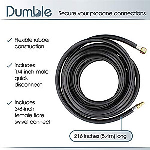Dumble 18 Feet Low Pressure Propane Quick Connect Hose Extension - 3/8 Inch Female Flare and 1/4 Inch Male Quick Connect for RV, Camper, BBQ Grill, Propane Tank, Heater, and Firepits