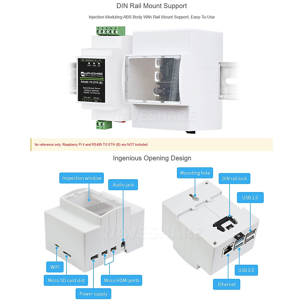 DIN Rail Case for Raspberry Pi 4, DIN Rail Mount Support, ABS Material, Clear Top Window, Large Inner Space Allows Accommodating an Extra Add-on Such as PoE HAT (D), RS485 CAN HAT etc. Easy to Use