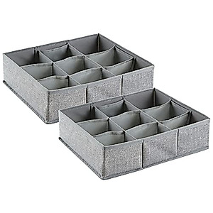 mDesign Soft Fabric Dresser Drawer and Closet Storage Organizer Bin for Lingerie, Bras, Socks, Nylons, Ties, Belts, Tank Tops, Small Accessories - Divided 9 Section Tray, Textured Print, 2 Pack - Gray