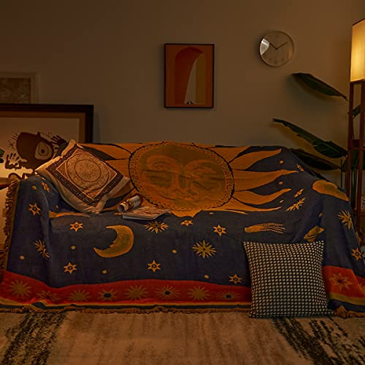 amorus Throw Blanket for Sofa Bed Chair with Decorative Tassels, Reversible Tapestry Couch Cover 50" X 70" - Sun Moon Stars