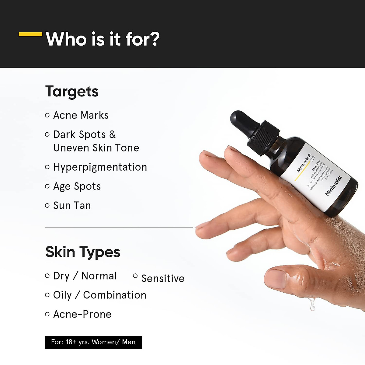 Minimalist 2% Alpha Arbutin Serum for Removing Pigmentation, Acne Marks, Dark Spots, Tanning & Blemishes | For Brighter & Even Tone | For Women & Men | 1 Fl Oz / 30 ml