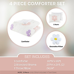 Urban Habitat Kids Queen Comforter Set for Girls, Tufted Chenille Floral Comforter Set Queen, Lightweight Polka Dot Comforter Reversible Bed Set, Shams, Pillow, Gracie, Full/Queen White/Purple 4 Piece