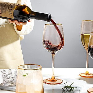 EVEREST GLOBAL Light Pink Wine Glasses 1 PC, 15.2 oz Gold Rimmed Wine Glass, Stemmed Red Wine Glasses, Ribbed Wine Glassware For Party Wedding Bars