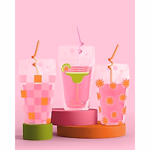 xo, Fetti Flower Margarita Pink Checker Gold Foil Drink Pouches - 15 count | Mexican Bachelorette Fiesta Drinkware, Cute Birthday Party Cups, Summer Flower Drinkware Supplies, Cinco de Mayo