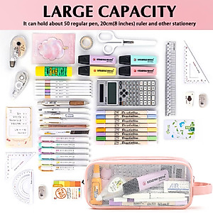 Large Grid Mesh Pencil Case 2 Compartments, Clear Pen Pencil Pouch with Zipper, Multifunction Transparent Stationery Bag for Student College Office Teen Boys Girls Makeup Bag for Adults Travel (Pink)