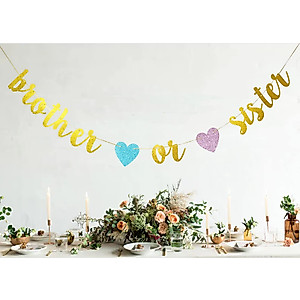 Swdthnh Gender Reveal Party Decorations - Glitter Letters Brother or Sister with Hearts Banner for Baby Shower Party Decorations, Gold