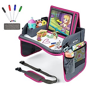 Kids Travel Tray with Dry Erase Board, Car Seat Lap for Food & Play Activity, Carseat Table Trays for Toddler, Kid Activity Desk for Air Travel, No-Drop Tablet Holder & Borders (Grey with Pink Frame)