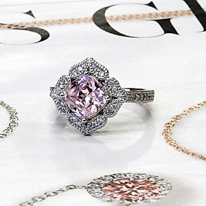 DoubleAccent Platinum Plated Sterling Silver Ring 2 CT Cushion Pink CZ Stone Milgrain Heart Flower Design Vintage Ring (Size 5 to 9), 5