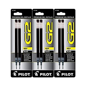 Pilot G2 Gel Ink Pen Refills, Bold Point, 1.0mm, Black Ink, 6 Refills