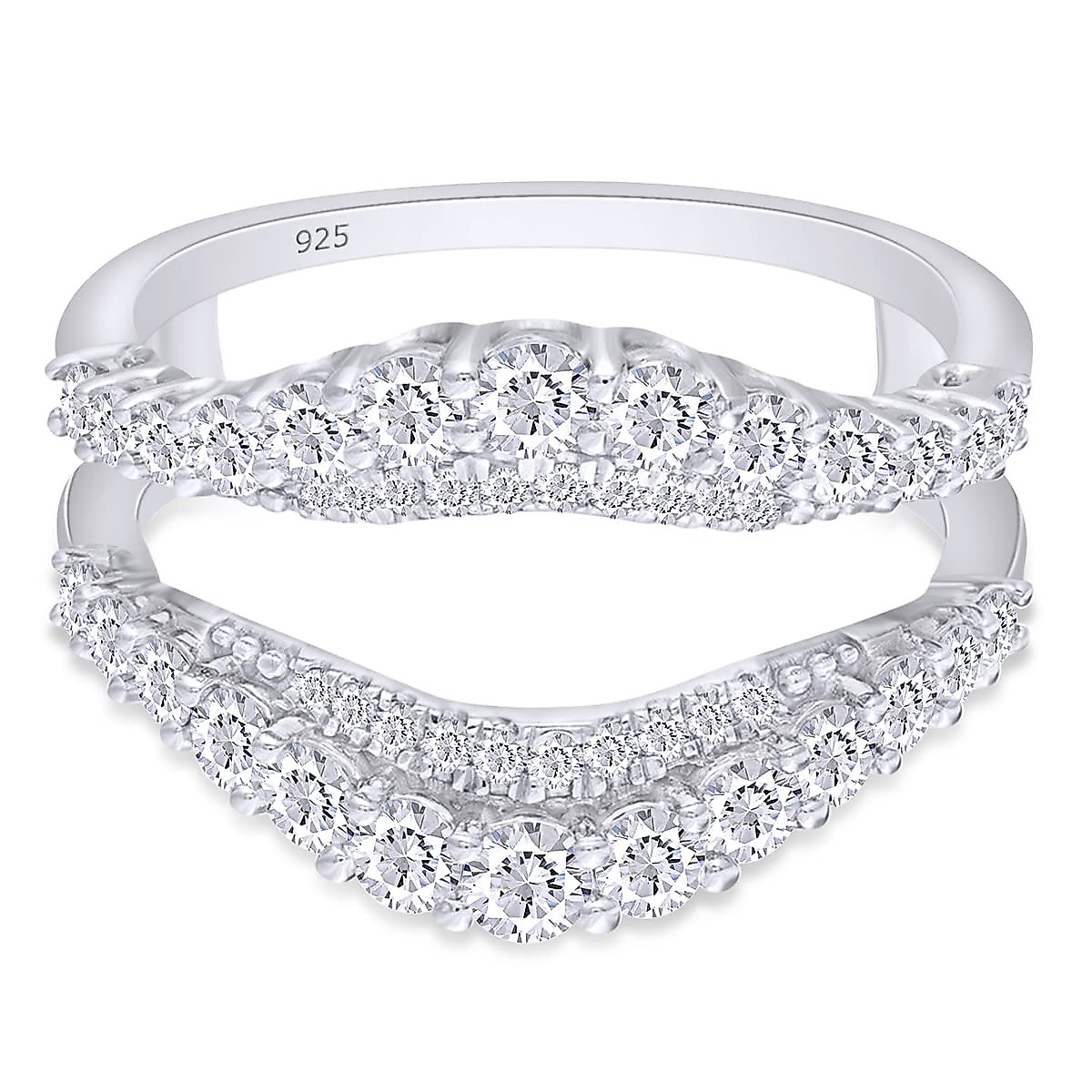 AFFY Round Cut White Cubic Zirconia Double Row Prong Set Contour Solitaire Enhancer Engagement Ring In 14k White Gold Over Sterling Silver (2.06 Cttw) Ring Size-5