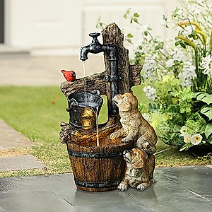 LuxenHome Water Fountain Outdoor, 3 Tiered Puppies and Water Pump Resin Outdoor Fountains and Waterfalls, Water Fountains with LED Light, 30 inch Brown/Yellow, Farmhouse Garden Water fountains outdoor
