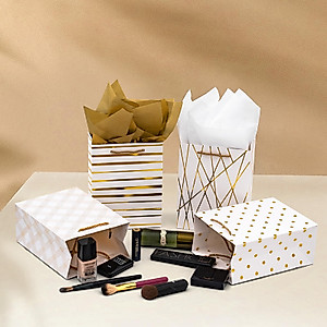 Nihuecne 9" Gift Bags Medium Size with Tissue Paper, 4 Pack White Gold Wrap Paper Gift Bags with Handles for Shopping Parties Wedding Baby Shower Holiday Presents 4 Designs