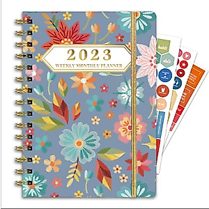 Ymumuda 2023 Planner, Weekly Monthly Planner 2023, 12-Month School Planner from JAN.2023 to DEC.2023, 8.4" X 6", Spiral Planner Notebook with Stickers, Elastic Closure, Inner Pocket, Coated Tabs, Grey Embroidery Floral