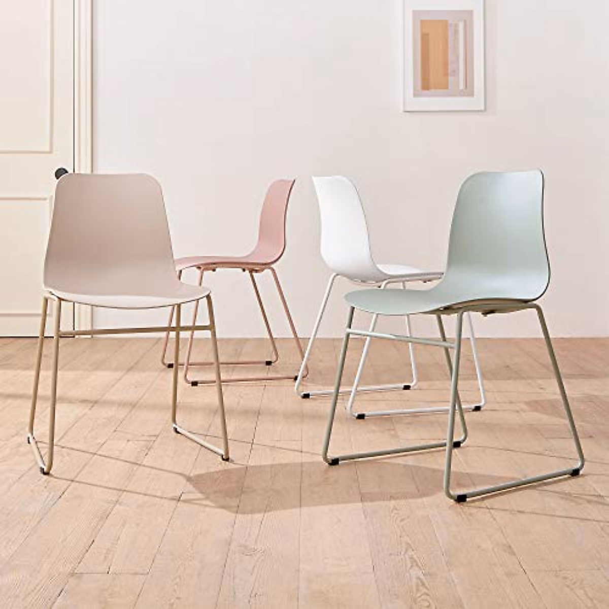 Roomnhome】 Durable Modern Pastel Tone self-Assembly Plastic seat and Steel Frame Kitchen, Dining, Bedroom Side Chair Set of 4 (Light Pink)