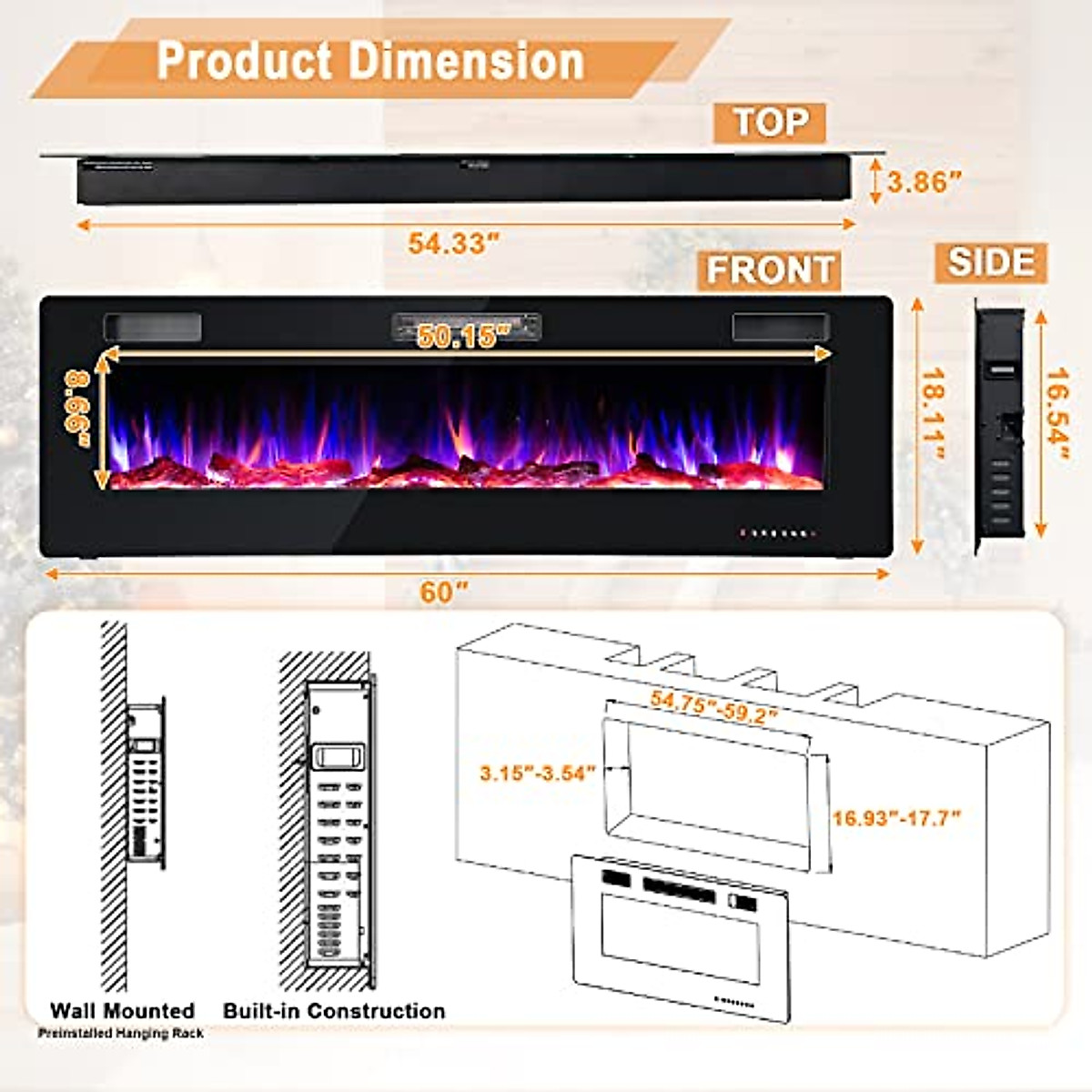 COSTWAY 60 Inches Ultra-thin Electric Fireplace, 750W/1500W Recessed & Wall Mounted Electric Fireplace with Remote Control, Timer, Log & Decorative Crystals, Adjustable Flame Color, Brightness, Speed 