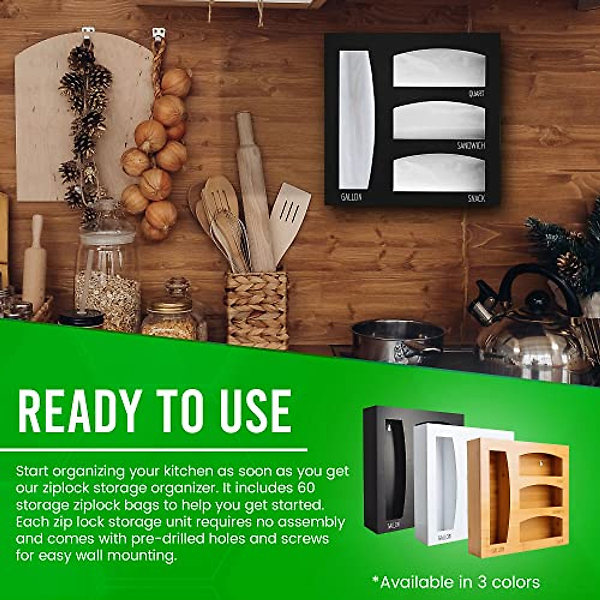 Ziplock Bag Organizer, Bamboo Kitchen Drawer Organizer, Drawer Divider for Snack, Sandwich & Gallon Bags, Kitchen Organizer with 60 Zip Lock Bags, 12x12 inch Box, Black -Total Kitchen Solutions