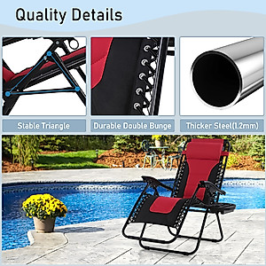PHI VILLA Set of 2 Padded Zero Gravity Lounge Chair Folding Patio Recliner with Adjustable Headrest & Cup Holder, Support 350 LBS(Red)