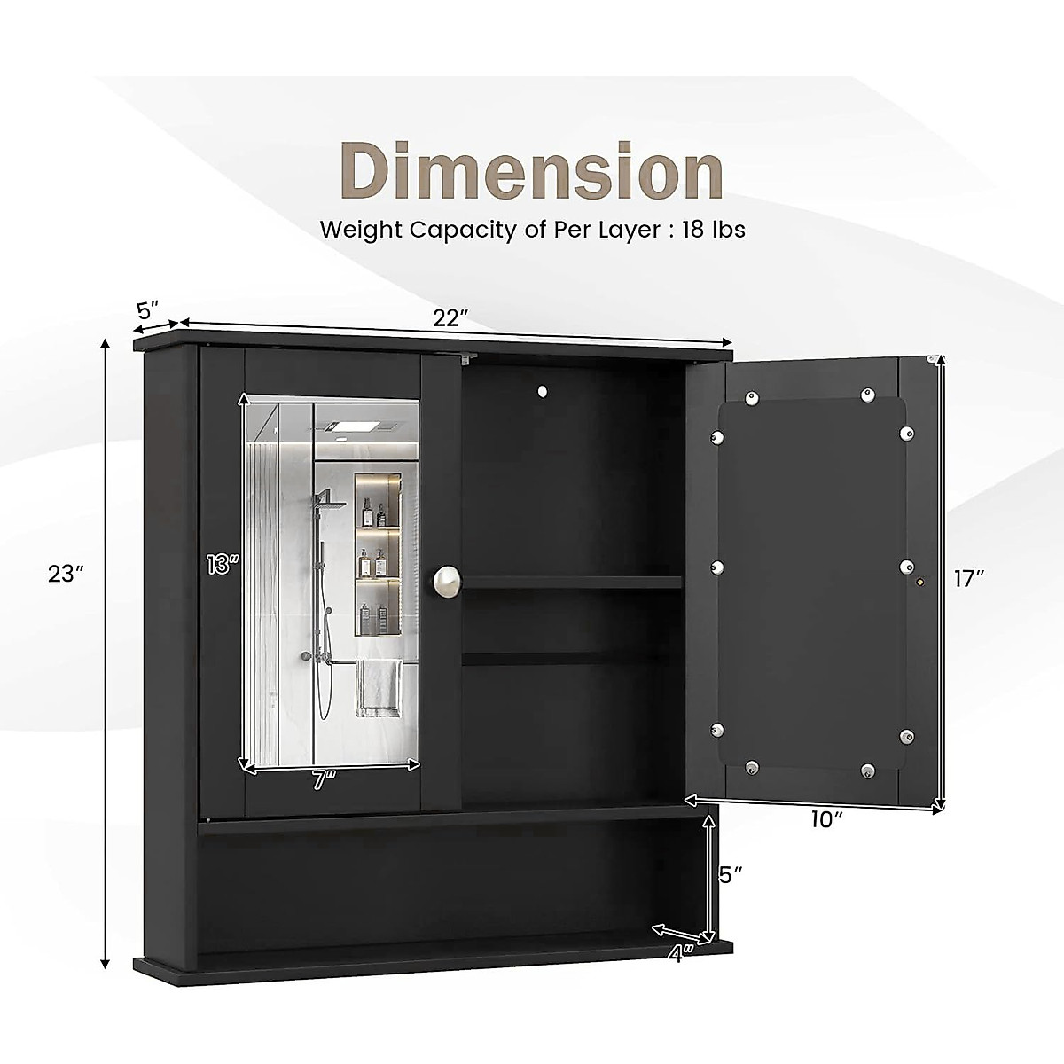 COSTWAY Bathroom Cabinet Wall Mounted - Over The Toilet Wall Storage Cabinet with 2 Mirror Doors and Adjustable Shelf, Hanging Medicine Cabinet for Bathroom, Living Room, Kitchen (Black)