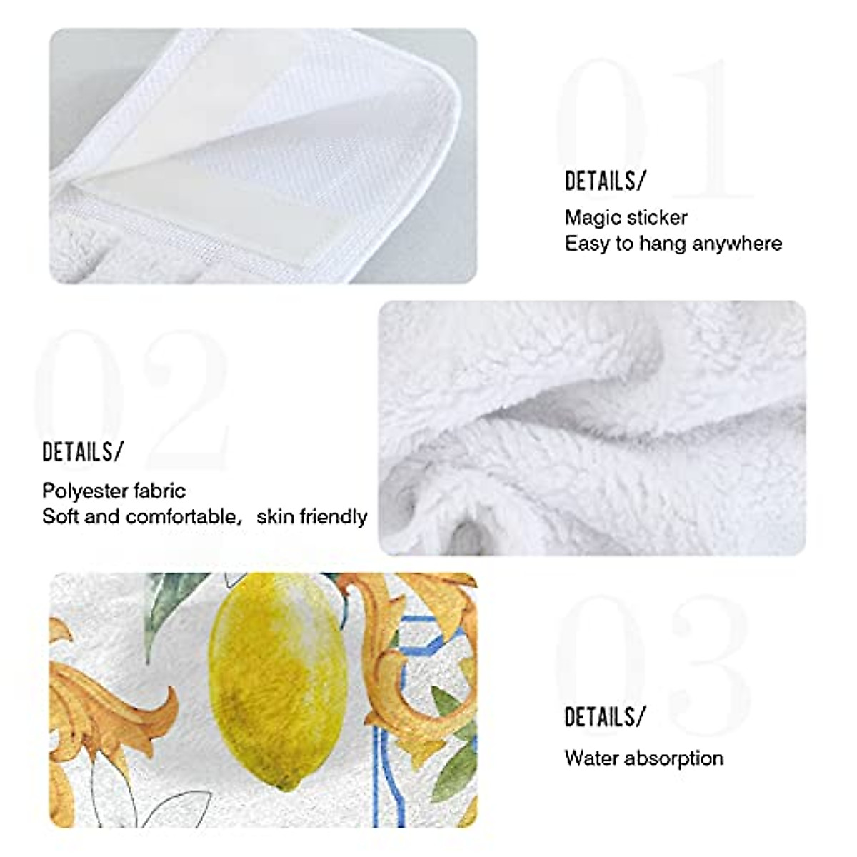 MCHIVER 2 Pcs Hanging Kitchen Hand Towels with Loop, Sicilian Style Lemon Fruit Tile Decorative Towels Absorbent Towel for Bathroom, Laundry Room, Hotel, Gym and Spa