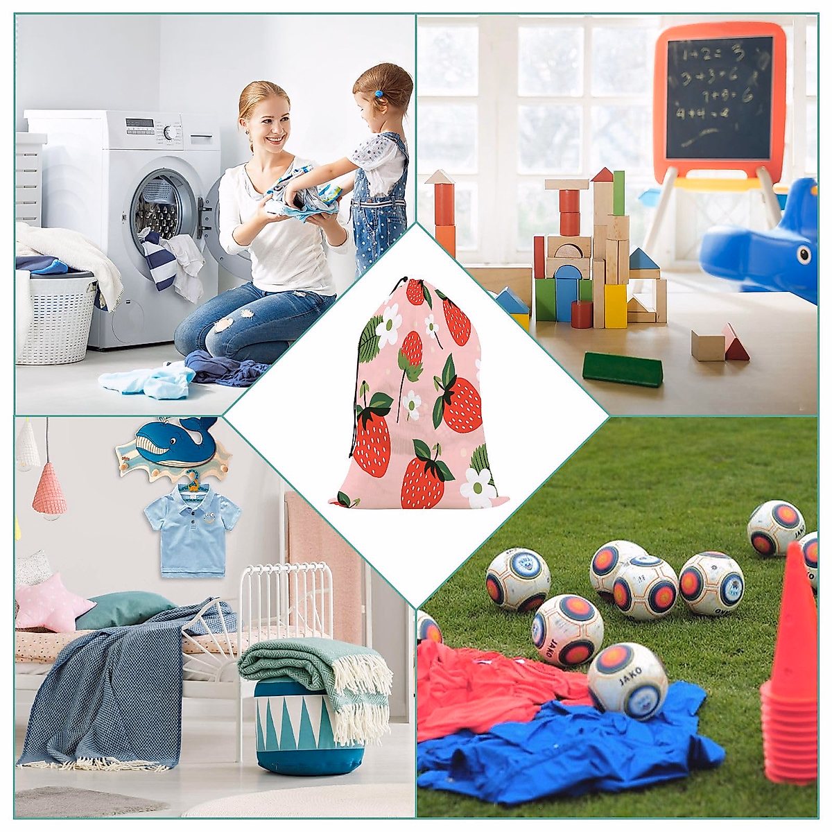 Extra Large Travel Laundry Bag And Mesh Laundry Bag, Rip-Stop Dirty Clothes Bag with Drawstring, Duty Travel Laundry Bag, Large Laundry Hamper Liner (24" x 36") Cute Strawberry (28)