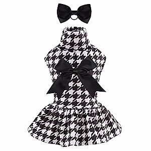 CuteBone Houndstooth Dog Dress Velvet Turtleneck Puppy Skirt Costume Pet Outfit Cat Clothes with Bow Hair Rope Birthday Gift CVD04XXS