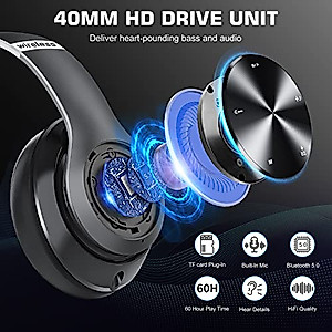 Wireless Bluetooth Headphones Over-Ear, 60H Playtime Foldable Lightweight and Wired Stereo Deep Bass Headset HiFi Stereo Sound with 6 EQ Modes, Micro SD/TF, FM, for Travel Work Laptop PC Cellphone