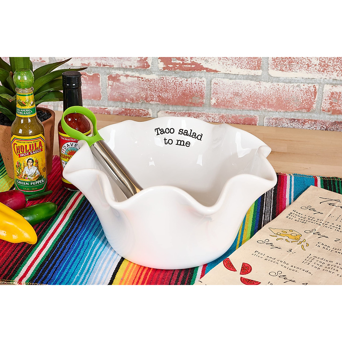 Mud Pie Circa Taco Salad Bowl and Towel Set, White, 5" x 10" dia