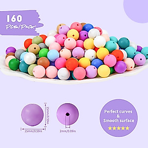 Gionlion 160PCS Silicone Beads, 15mm Silicone Beads Bracelet Making Kit, Soft Rubber Round Beads for Keychain Wristlets, Loose Beads Crafts for Necklace Jewelry DIY