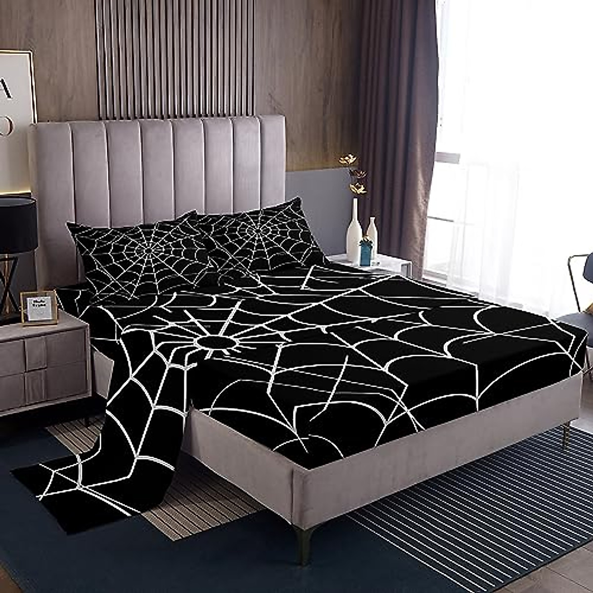 Spider Web Sheets Twin Size Halloween Decorations Bed Sheet Set for Kids Teens Boys Girls Women Men Black White Bed Sheets Spiderweb Bedding Fitted Sheet Bedroom Decor Flat Sheets 3Pcs