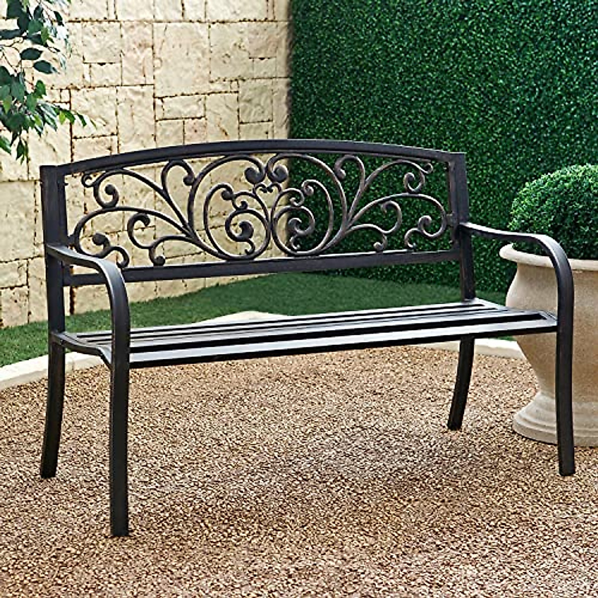 HCY Outdoor Bench, Garden Bench Metal Patio Front Porch Decor Furniture with Backrest Armrests, 50 Inch Slatted Seat for Outdoor, Park, Yard, (Black), x 21x 34.6