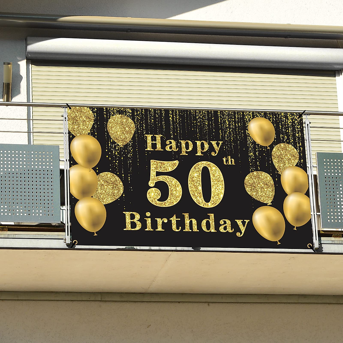 Crenics Happy 50th Birthday Backdrop Banner, Extra Large 50 Birthday Photo Background, Black Gold 50 Years Old Birthday Decorations Party Supplies for Men Women, 5.9 x 3.6 ft