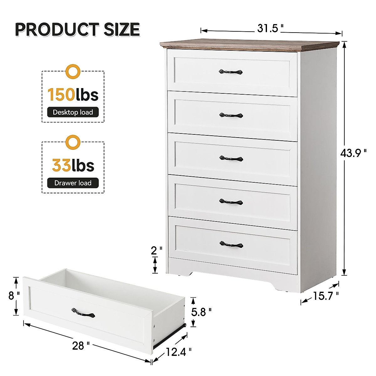 IDEALHOUSE Modern 5 Drawers Dresser, Chest of Drawers Closet Organizers and Storage Clothes, Modern Dressers for Closet Living Room, Kids Bedroom (5 Drawers Dresser, Brown&White)