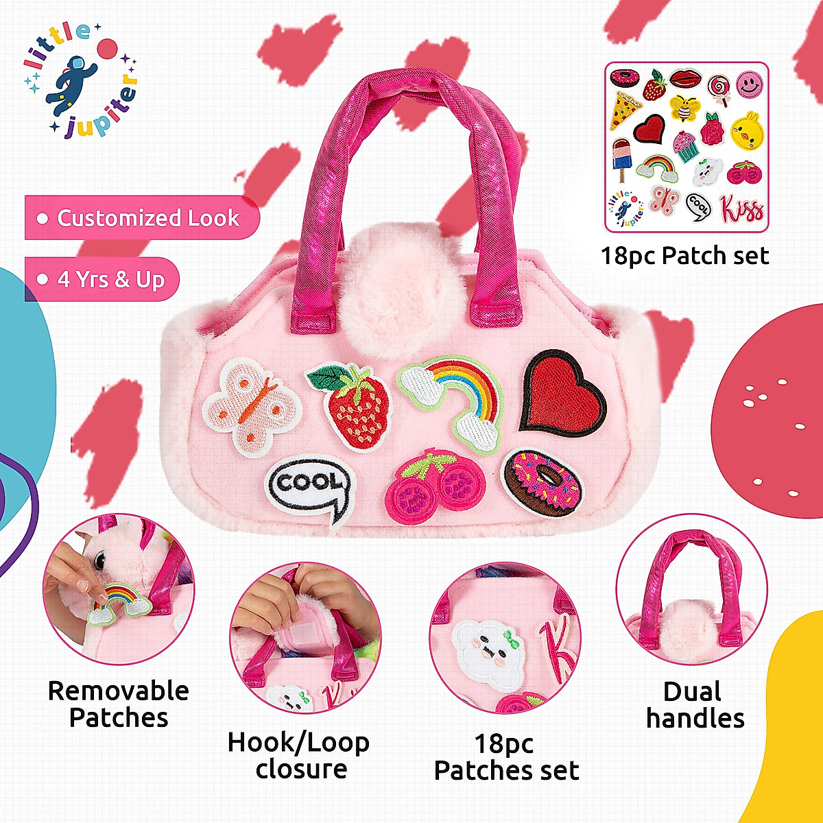 Little Jupiter Pet Plush Bag Purse Set with 18pc Removable Patch Set & Pink & Rainbow Details - Unicorn Stuffed Animals for Girls - Cute Plushie - Cute Toy Plushies - Girls Toys - Age 4-7
