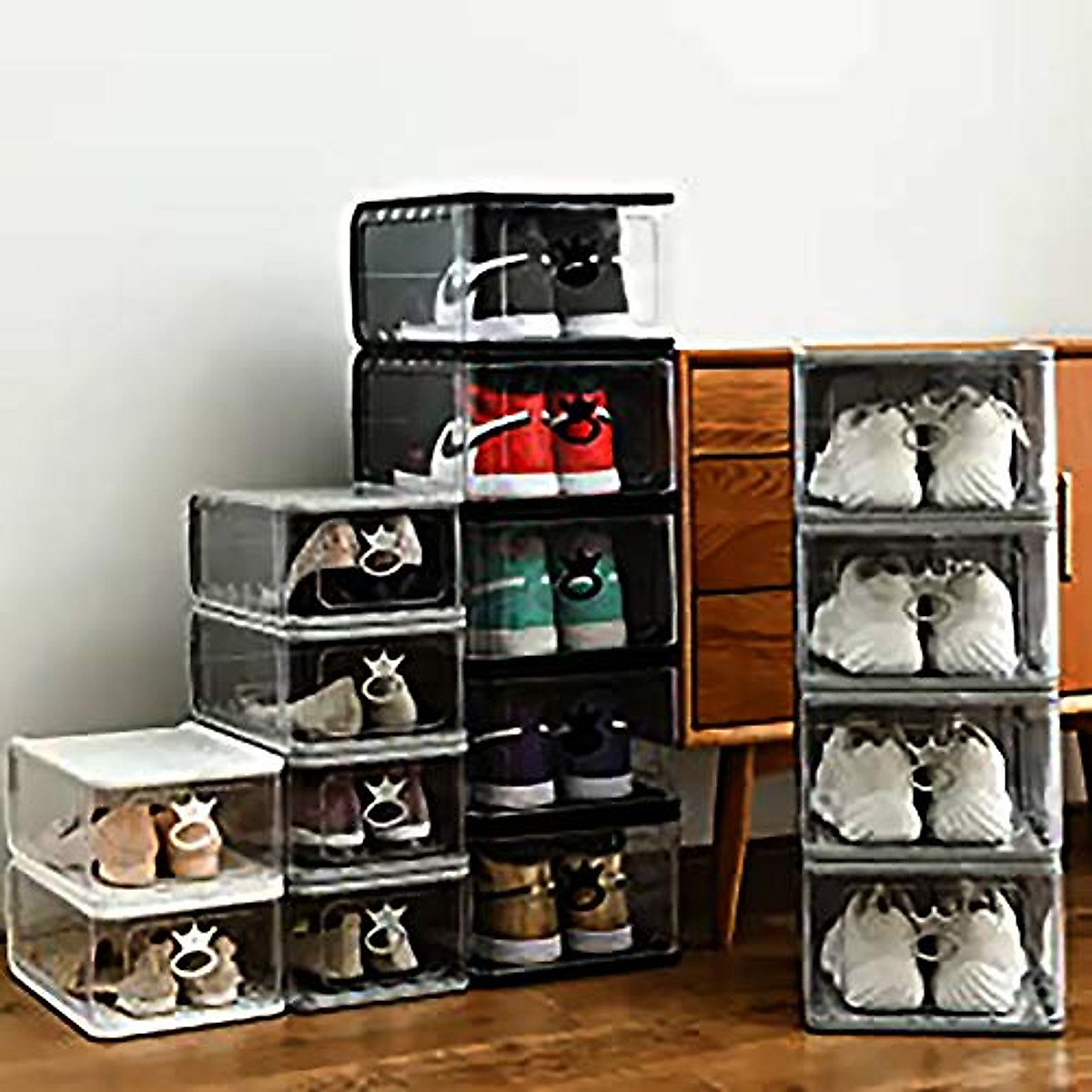 SavIz Stackable Shoe Organizer - 4 Pack - Sneaker Collection - Organize, Protect, Store Sneakers - Compact Shoe Rack - Individual Cubes - Dust, Crease Proof - White/Black (Black)