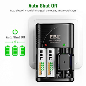 EBL Rechargeable AA Batteries 4 Pack, Precharged Double A Battery 2800mAh and AA AAA Battery Charger with Foldable Wall Plug