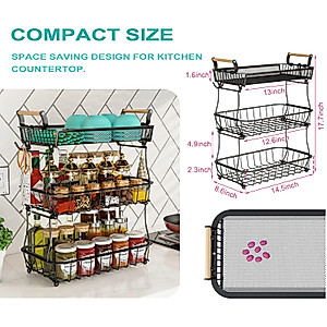 3 Tier Fruit Basket Bowl with 2 Banana Hangers for Kitchen Counter, Vegetable Countertop Produce Storage Holder, Large Capacity Metal Wire Fruits Stand Organizer for Onion Potato Bread Snack, Black