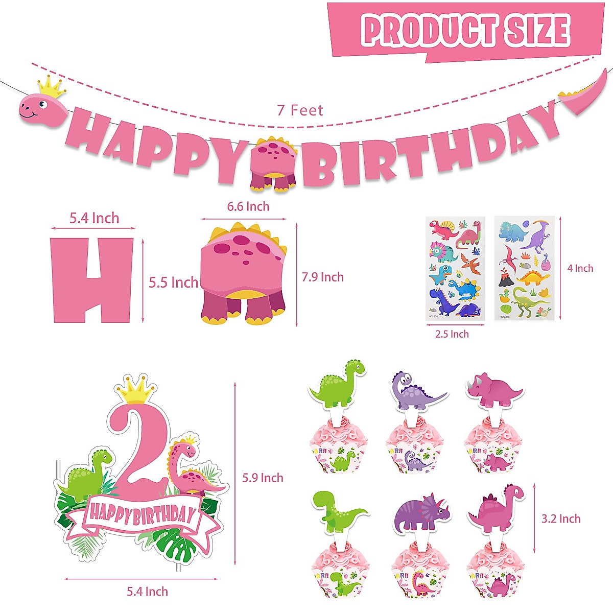 KOTLMIGHT Dinosaur Birthday Party Supplies for 2 Year Old Girl, Two Rex Pink Dinosaur Dino Party Decorations for Girls Baby - Backdrop, Banner, Toppers, Cupcakes Wrappers, Balloons and Tablecloth